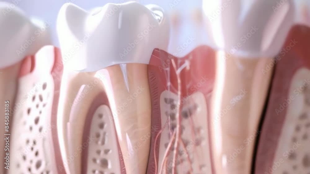 A detailed cross-section illustration of human teeth depicts roots and ...