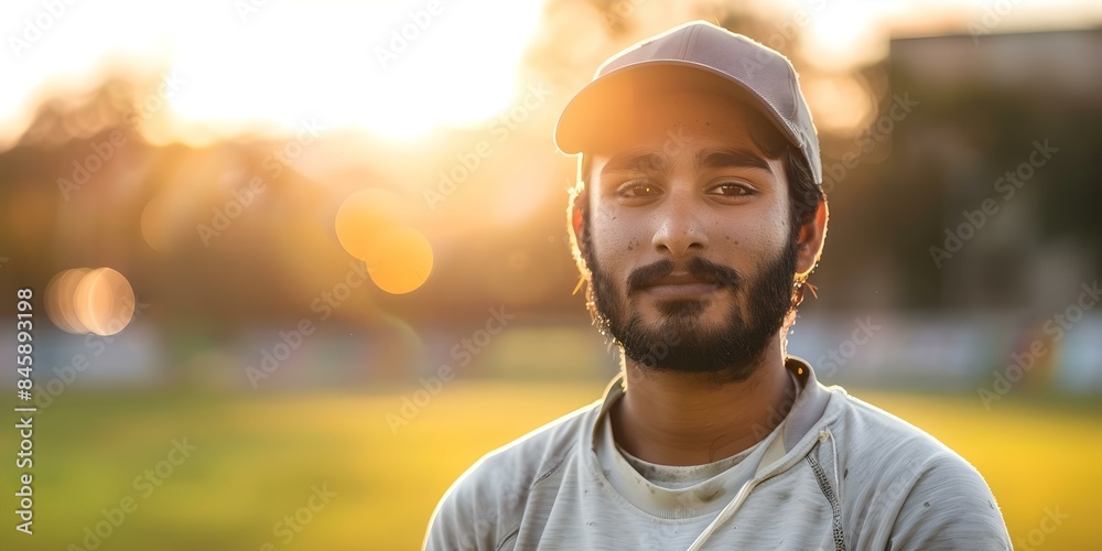 Indian male cricket athlete with distinct facial features on defocused ...