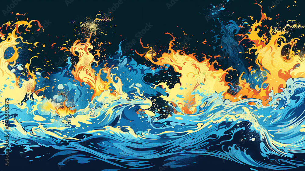 A cartoon vector illustration of flames on top of an ocean wave, in the ...