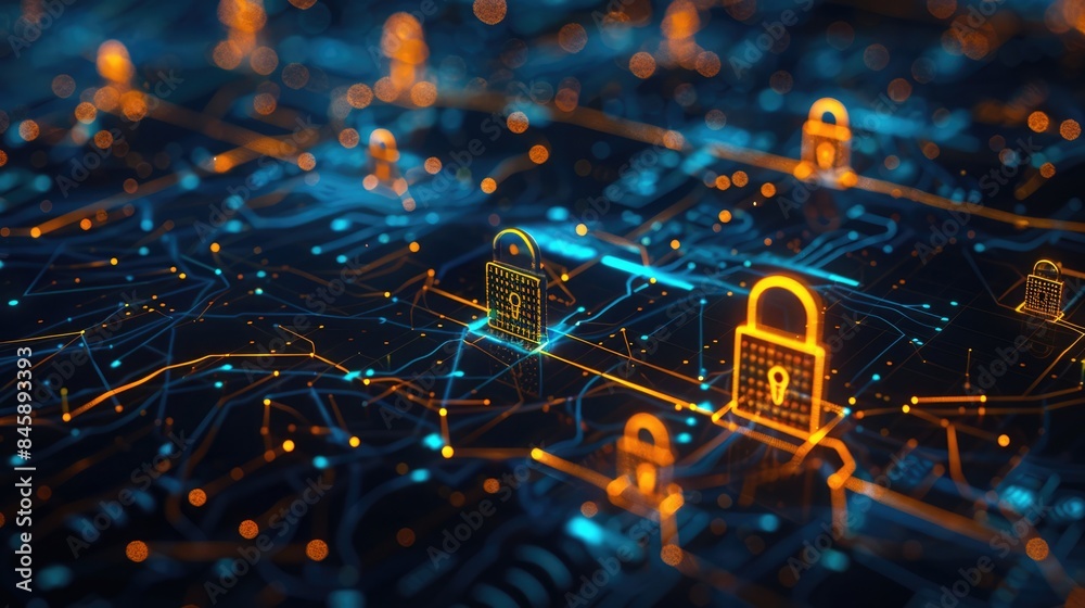 Global cybersecurity map with glowing locks and network lines on a dark ...