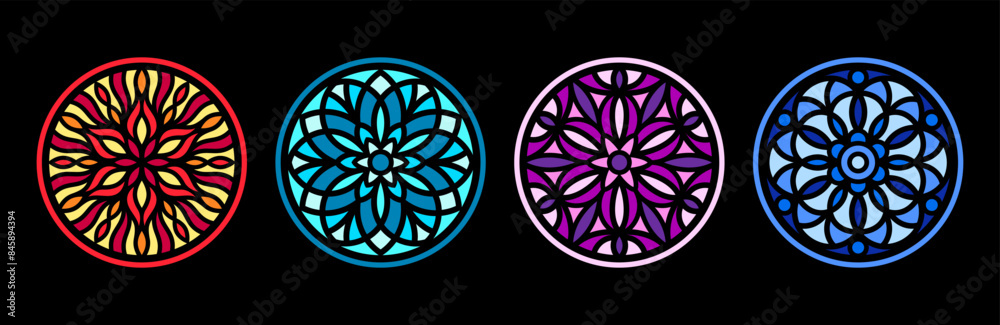 Stained glass illustration collection, circle shape pattern, rose ...