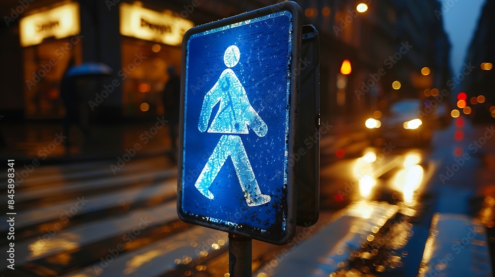 Blue pedestrian crossing sign: A sign indicating a pedestrian crossing ...