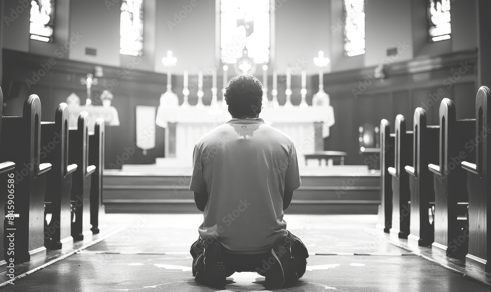 Grayscale Image of a Man Praying on Knees in Church, Reflective ...