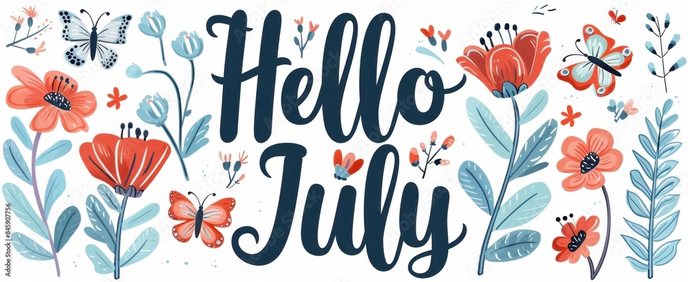"Hello July", cute font, flowers and butterflies pastel color palette ...