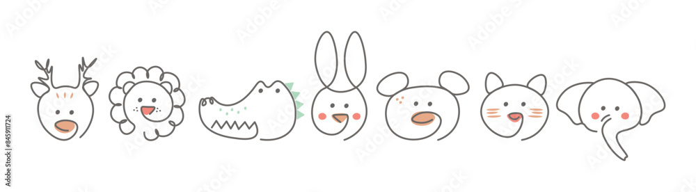 Set of children's animal head icons. Cute woodland animals. One ...