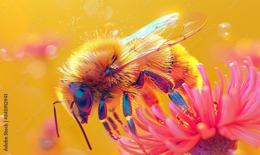 colorful illustration of a fluffy, fluffy bee with transparent wings ...