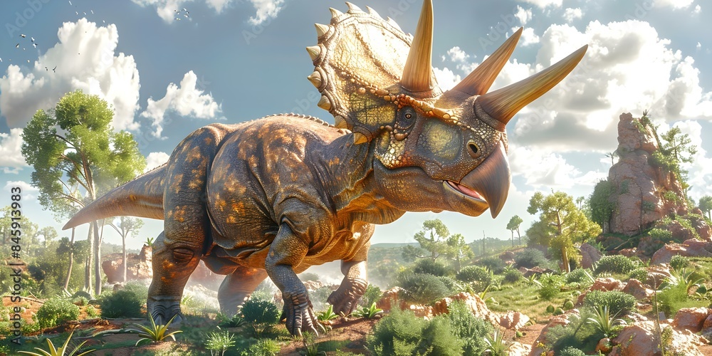 Triceratops in a prehistoric landscape during the dinosaur era on Earth ...