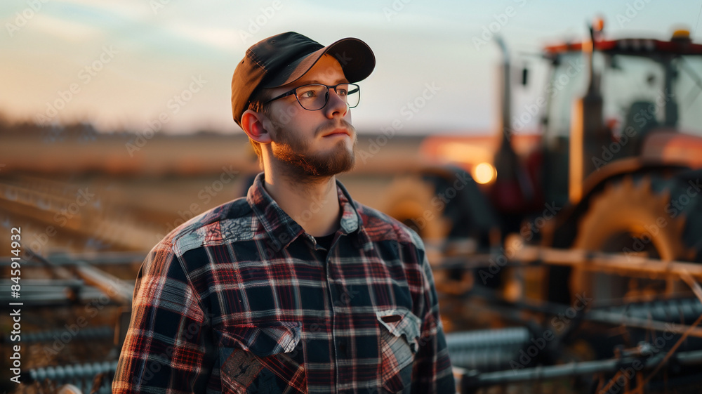 Young male farmer with glasses, beard and baseball cap standing proudly ...