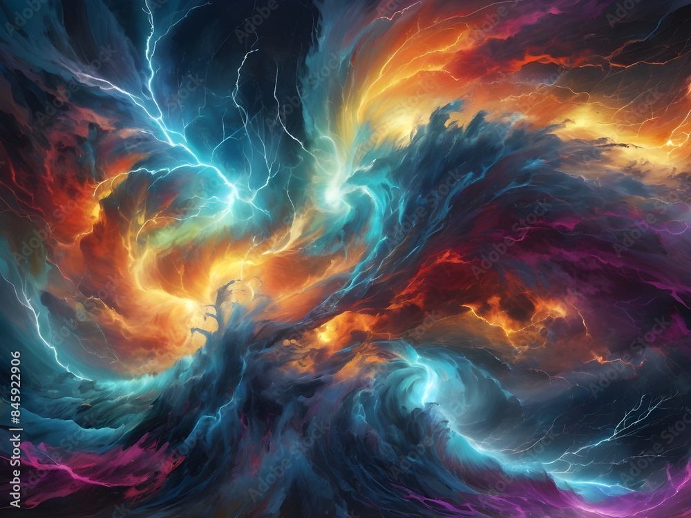 Dynamic vortex of colors, lightning bolts, and cosmic chaos, capturing ...