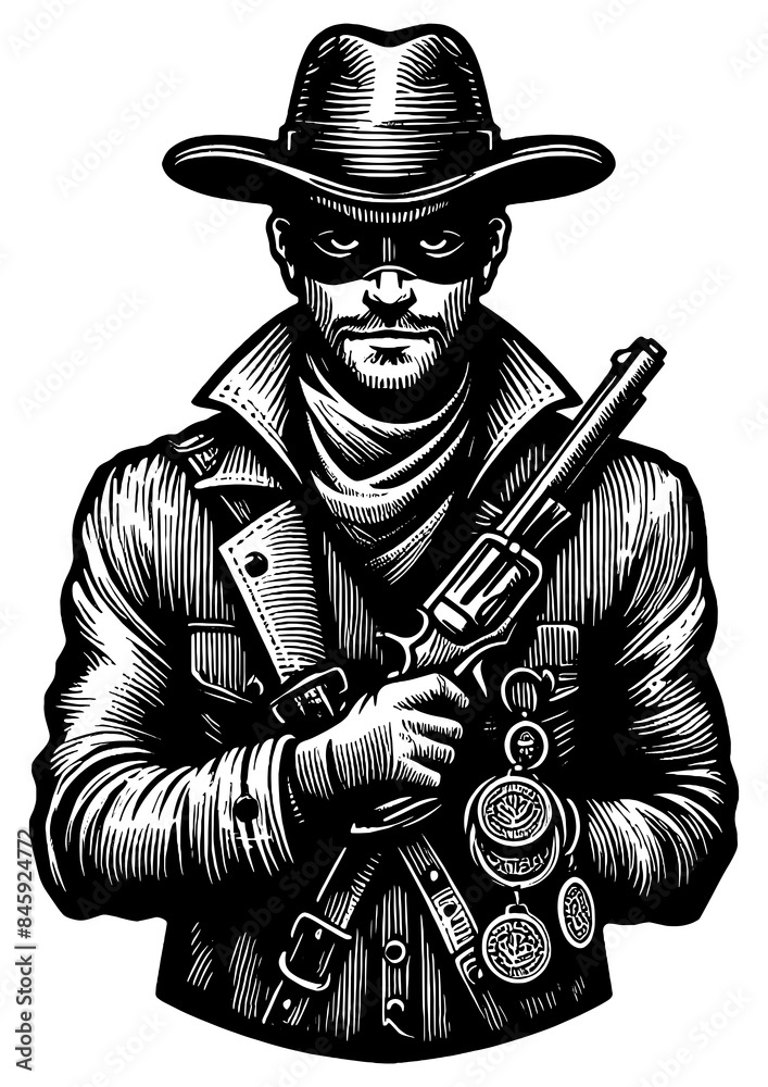 cowboy holding a revolver, dressed in classic Western attire with a hat ...