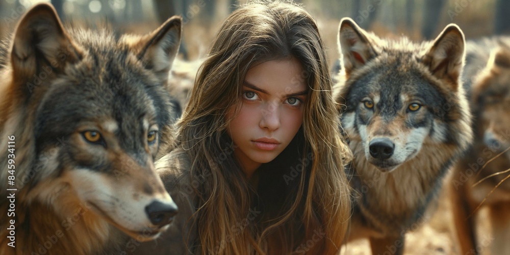 Young woman with long, brown hair stands with two wolves looking ...