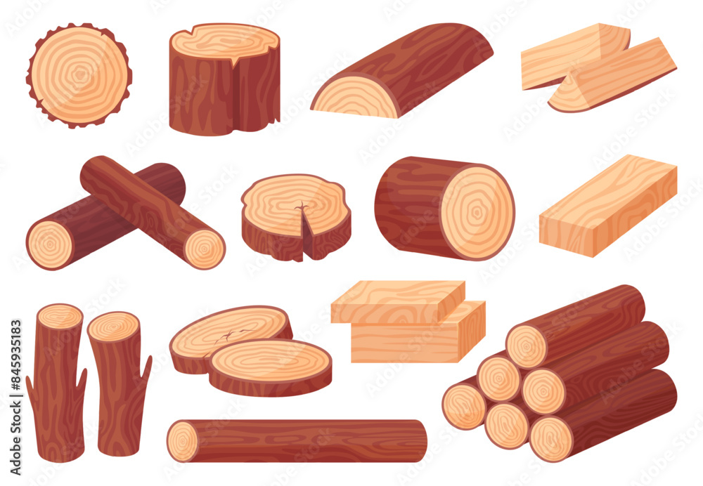 Cartoon wood logs. Timber stacks, tree cuts and stumps. Wooden ...