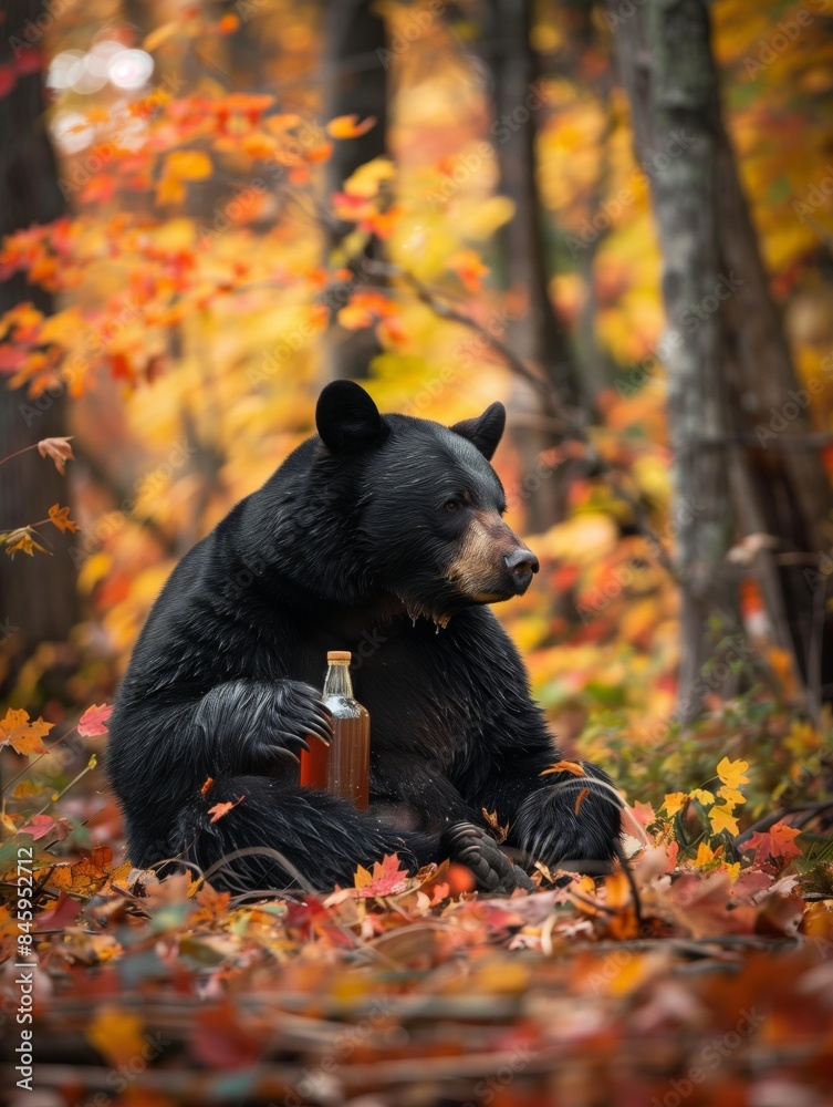 A Canadian black bear sits in the middle of the forest drinking maple ...