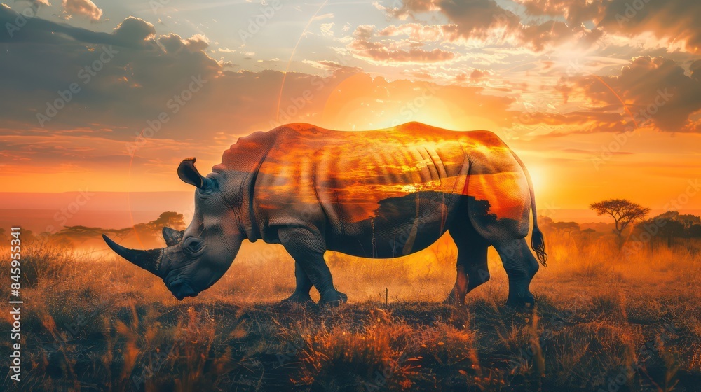 Rhinoceros going in savannah at sunset with double exposure. A ...