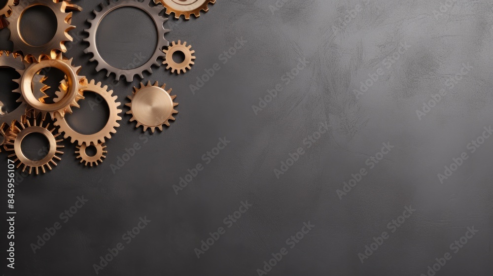 From above technical texture of steampunk gears on dark grey background ...