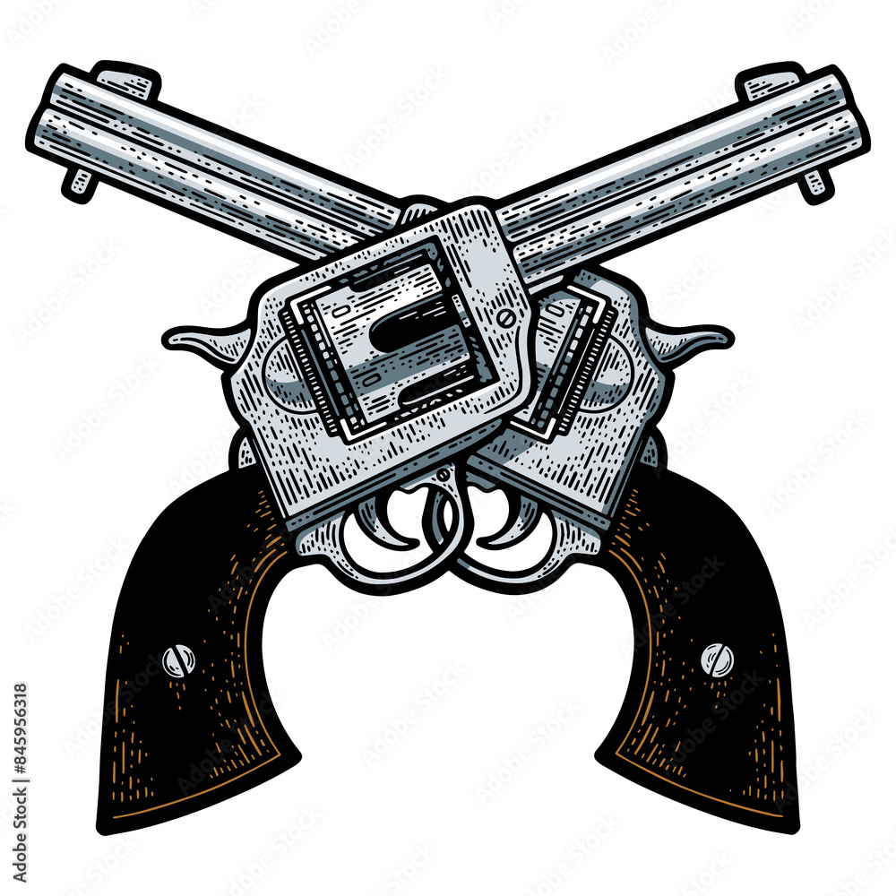 crossed cowboy revolvers pistols color sketch engraving PNG ...
