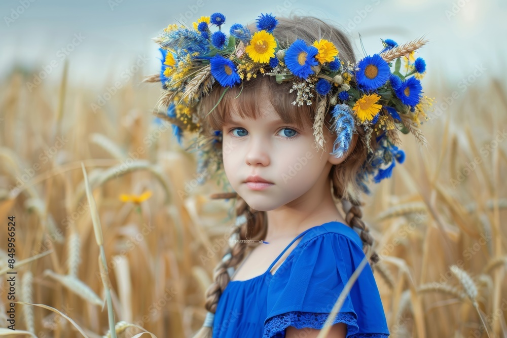 Ukrainian Girl in Traditional Dress with Floral Wreath in Wheat Field ...