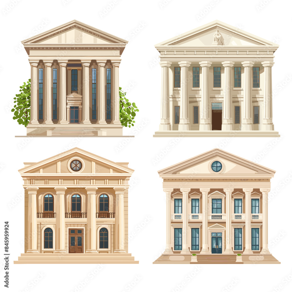 Courthouse cartoon vector set. Cornice window columns stone bank ...