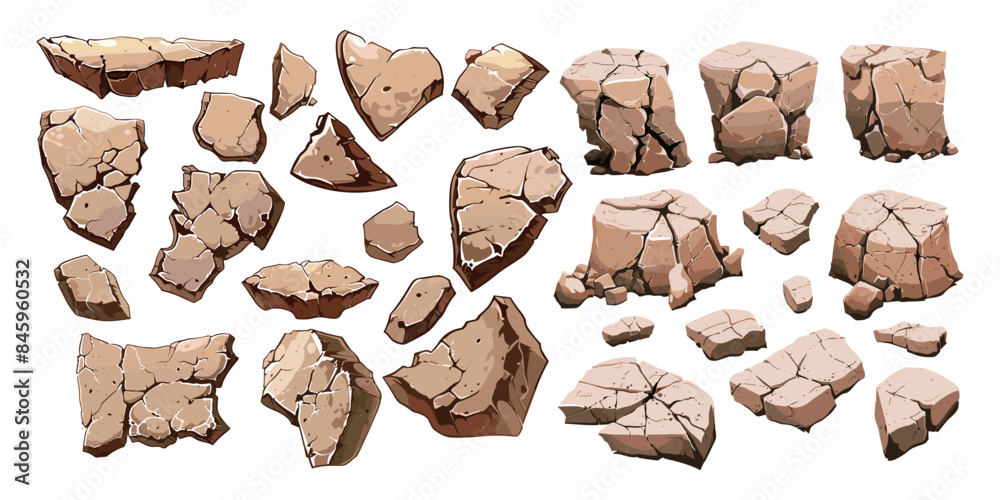 Dry earth fracture cartoon vector set. Soil rock drought shatter cracks ...