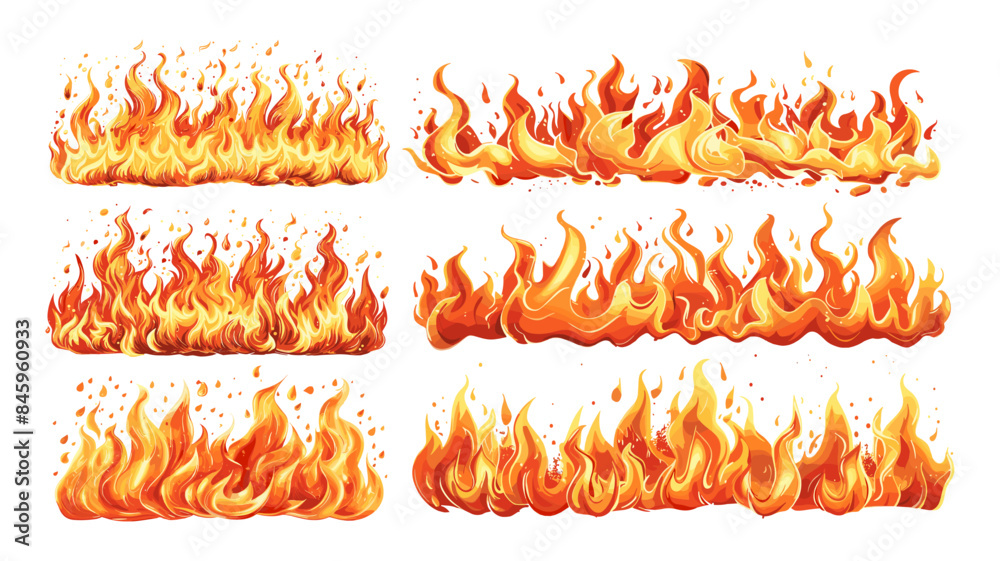 Fire borders cartoon vector set. Flame tongues burning combustion ...