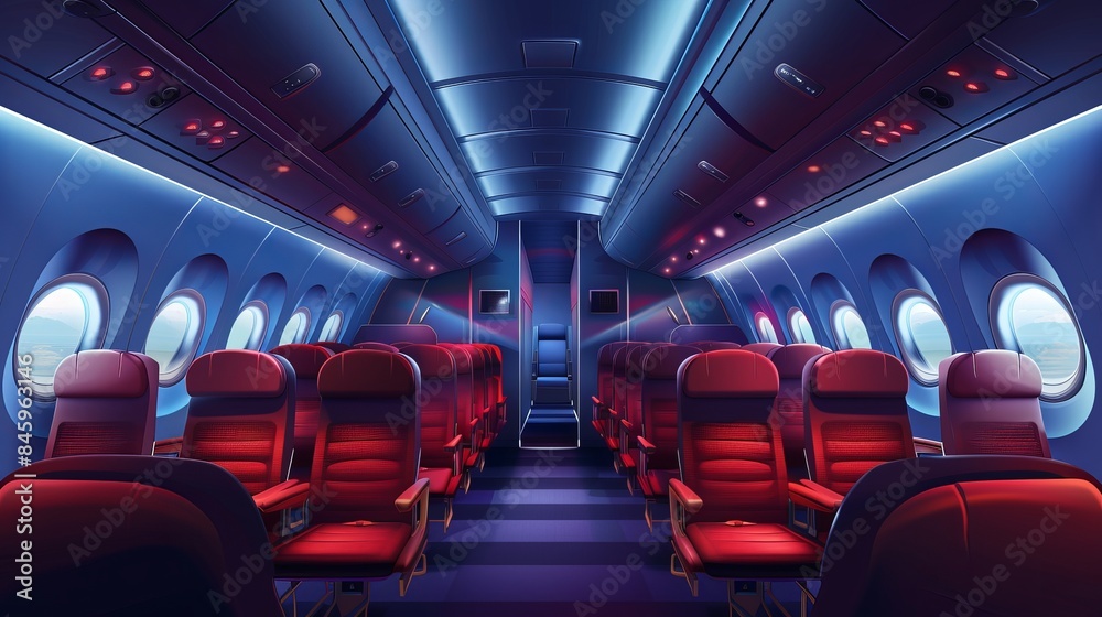 Interior red vector passenger airplane. Inside the aircraft cabin are ...