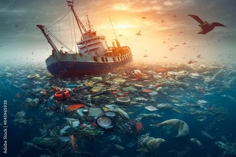 A ship is sinking in the ocean with a lot of trash floating around it ...