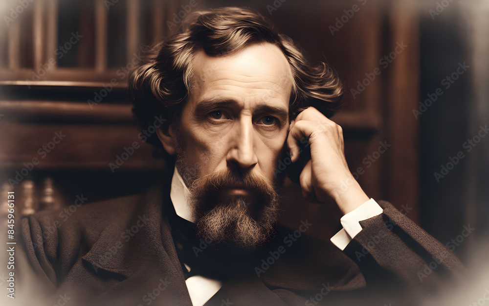 Charles Dickens in his study, a stormy evening outside, the flicker of ...