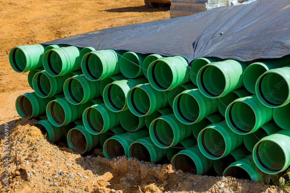 There are green PVC pipes installed on construction sites for ...