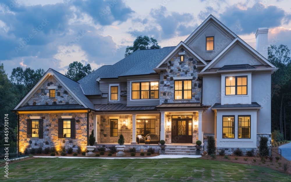 Elegant two-story house with stone accents and cozy porch at dusk ...