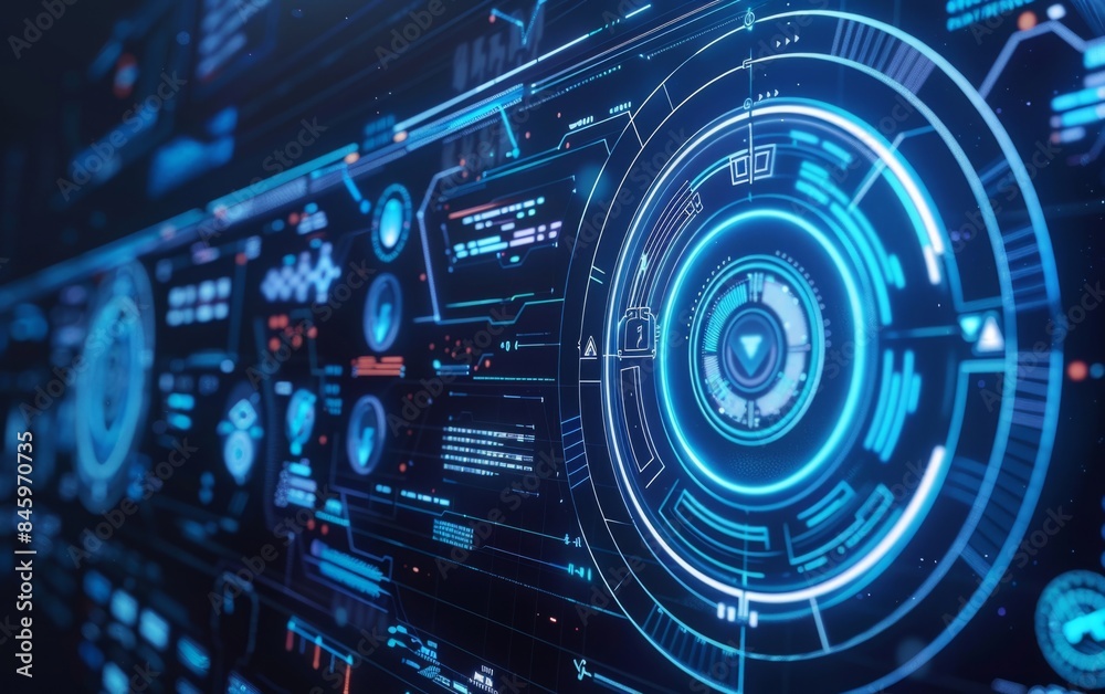 Futuristic blue tech interface with circular and linear digital ...