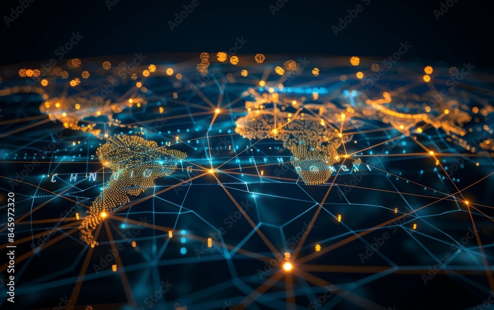 Glowing lines illustrate a global network connection on a digital world ...