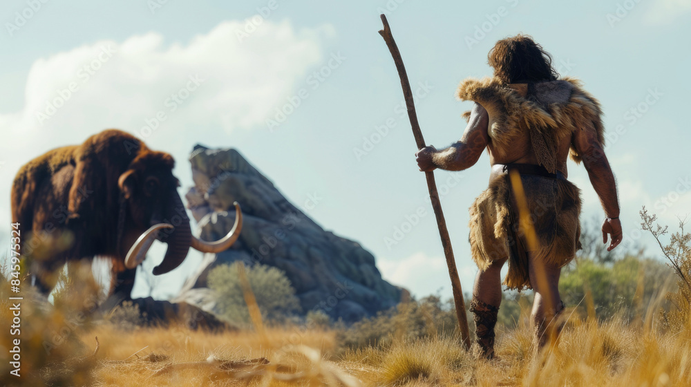 Neanderthal man watches woolly mammoth, strong primitive bearded human ...