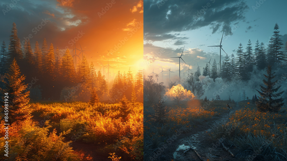 Two landscapes side by side, one landscape with dense forests, rivers ...
