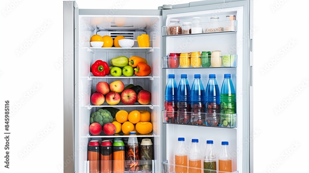 Side view of an open fridge with food and drinks against a white ...