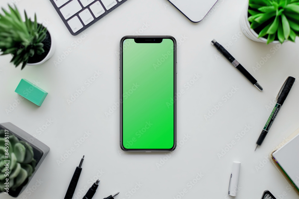 Modern smartphone with green screen on white desk, office concept ...