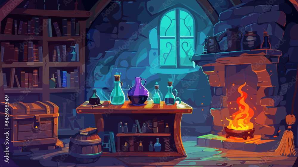 Cartoon Horizontal Background A Wizards Room with an Alchemical Set of ...