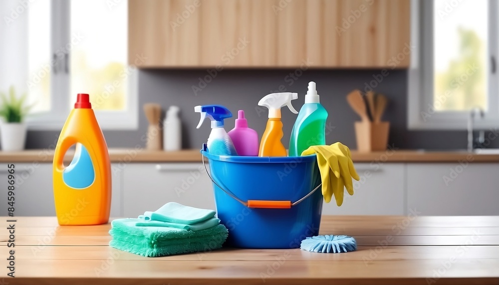 Bucket with cleaning items on wooden table and blurry modern kitchen ...