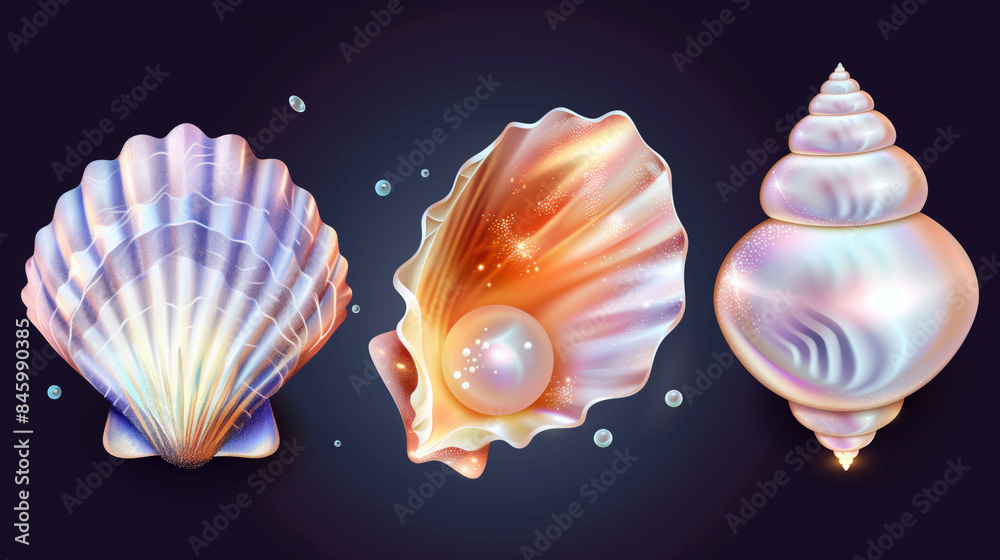 Open iridescent shell with pearl. Underwater ocean or sea shiny ...