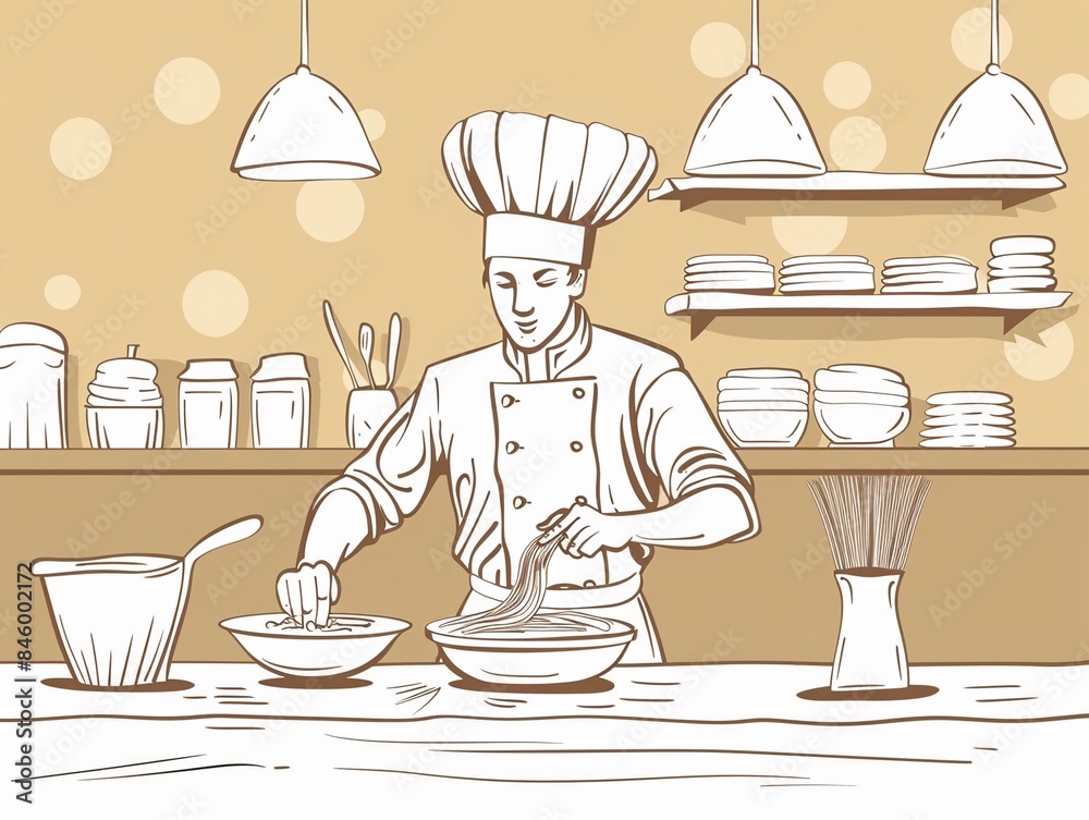 Chef making pasta flat design front view pasta station cartoon drawing ...