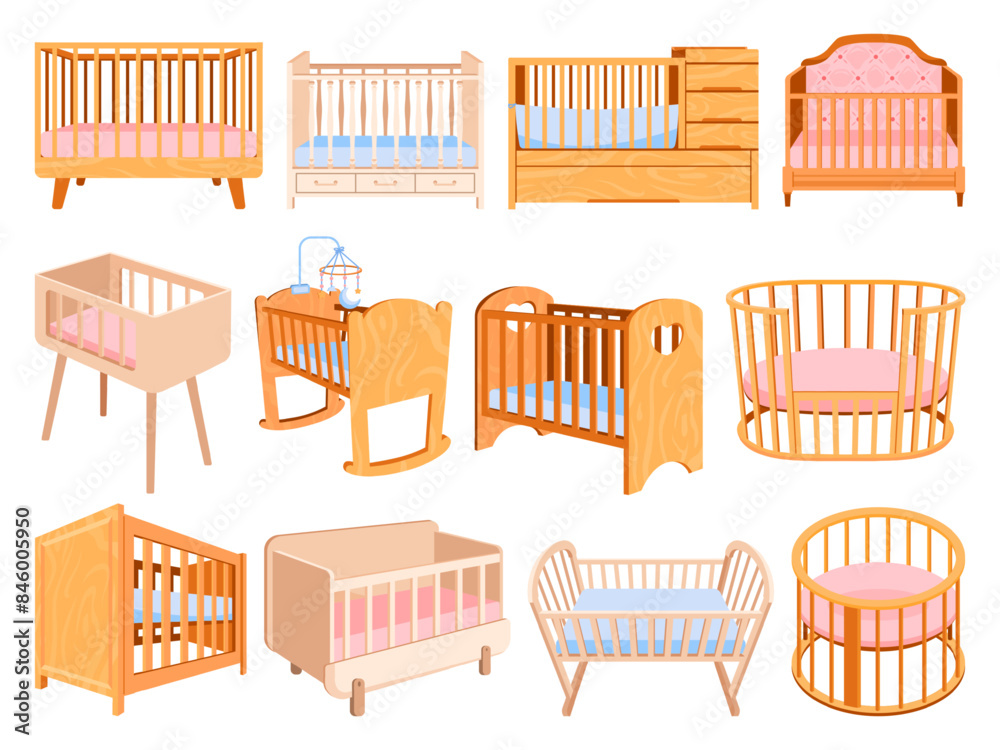 Cartoon baby cots. Newborn crib, wooden swinging cradle child cot ...