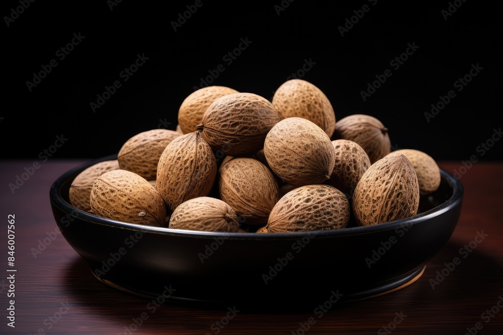 Nutmeg in Black Plate, Myristica Fragrans Fruit, Dry Spicy Nutmeg ...