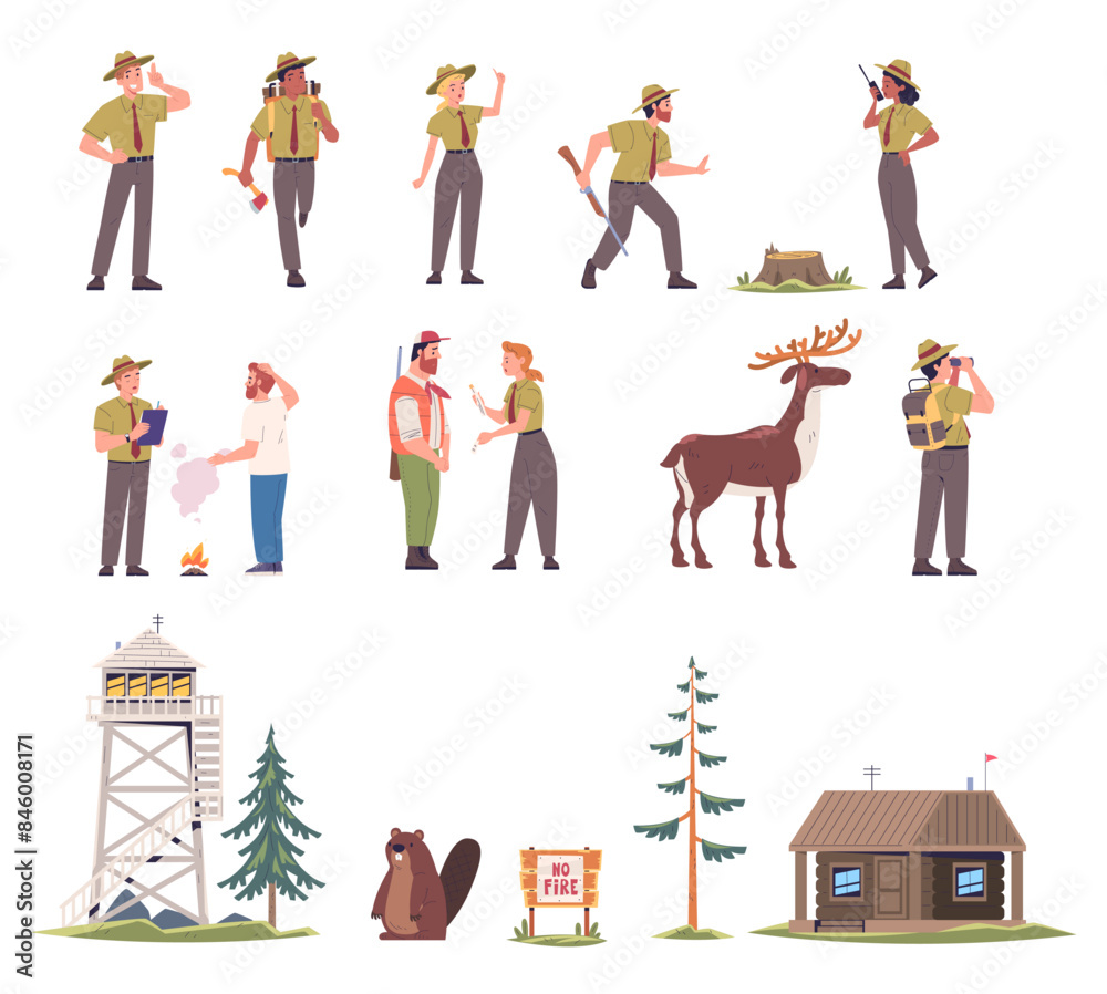 Forest rangers. Park ranger cartoon characters, environment preserve ...