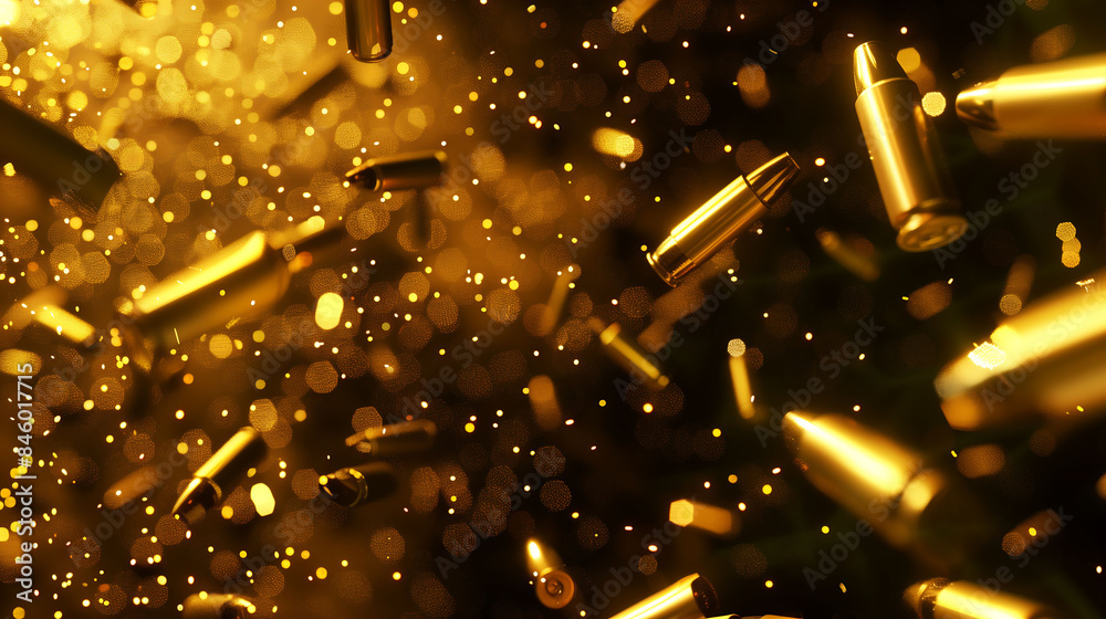 High-speed photograph of flying bullet casings with bright sparks ...