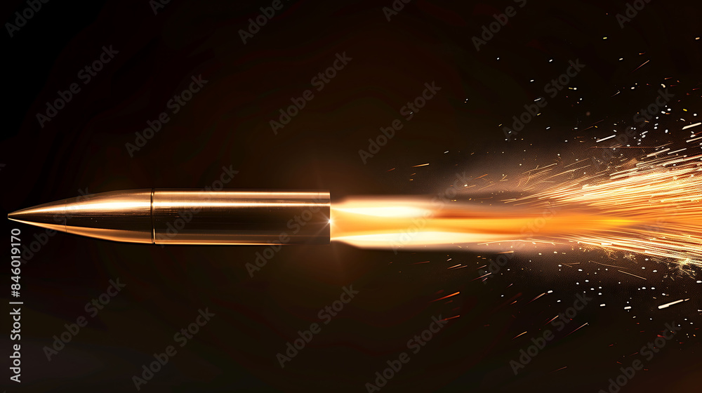 High-speed photograph of a bullet in motion, with a fiery trail and ...