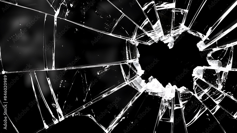 High-contrast close-up of shattered glass with a central hole ...