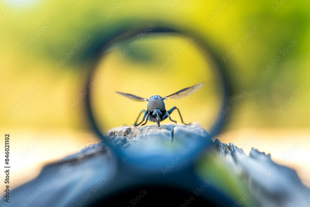 Close-up view of a fly in the crosshairs of a sniper scope, with a ...