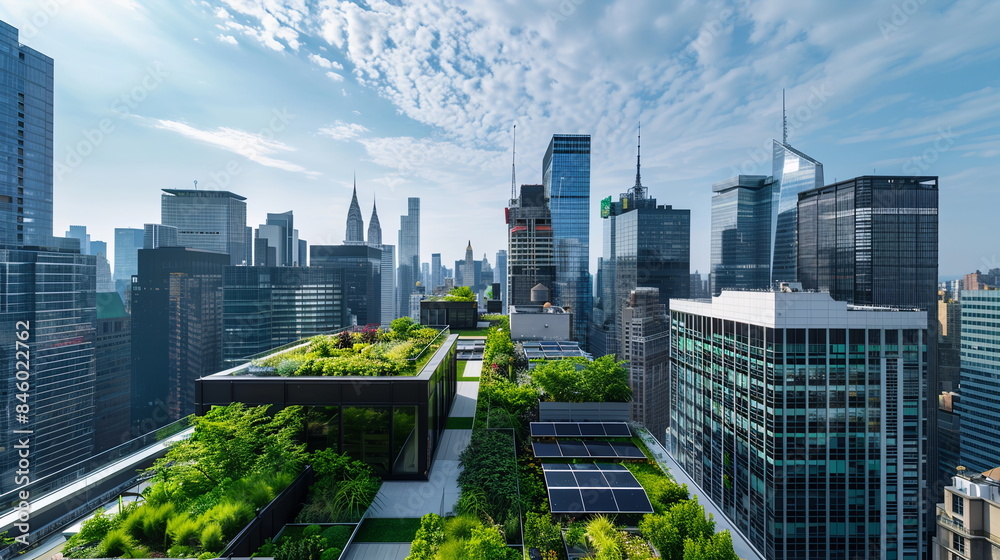 A skyline dominated by skyscrapers equipped with green roofs covered in ...