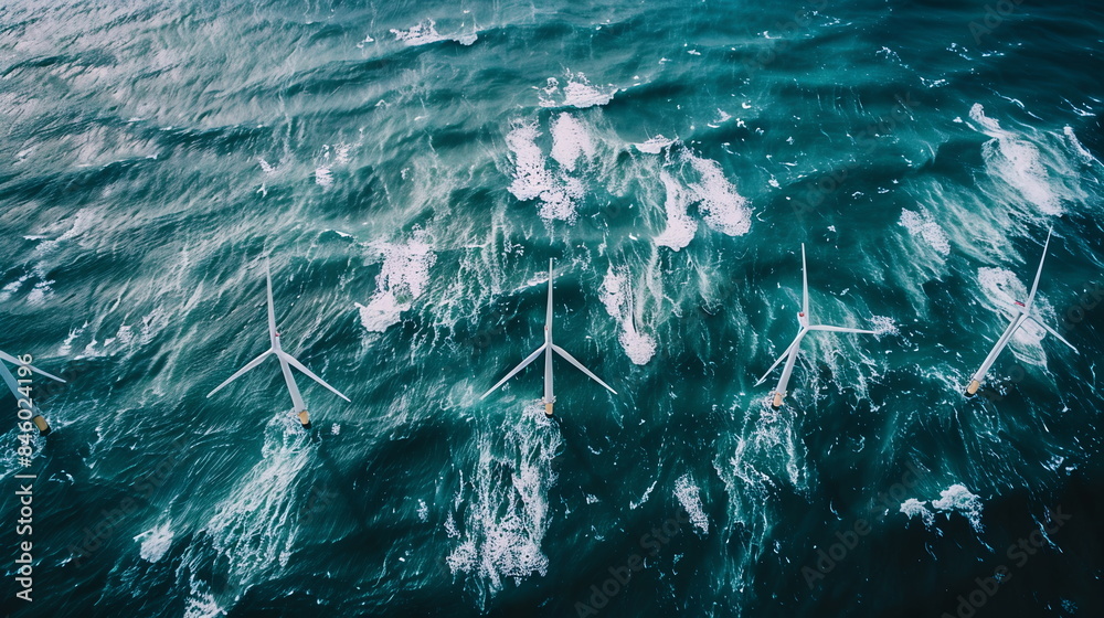 An offshore wind farm with rows of turbines rising from the ocean waves ...
