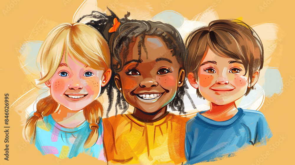 concept friendship - illustration comic watercolor drawing with three ...