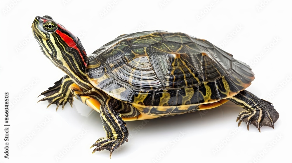 Graceful red-eared slider turtle poses on white background, captivating ...